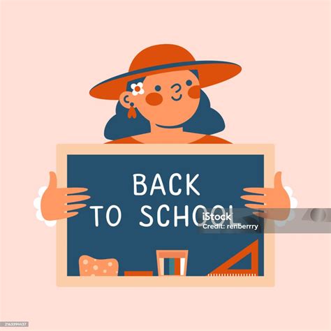 학교 칠판을 들고 모자를 쓴 귀여운 소녀 학교로 돌아 가기 벡터 일러스트 레이 션 와 아이 학교 잡화 선 크레용 손 글씨 플랫 디자인 지식의 날 개념에 대한 스톡 벡터 아트