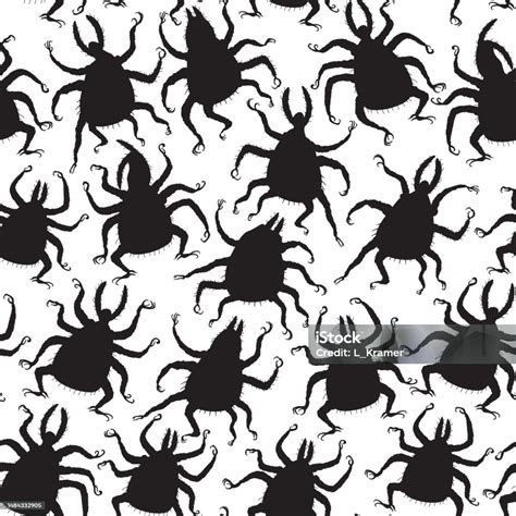 벡터 원활한 패턴입니다 흰색 바탕에 만화 검은 진드기 괴물 몬스터에 대한 스톡 벡터 아트 및 기타 이미지 몬스터 진드기