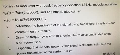 Solved For An FM Modulator With Peak Frequency Deviation Chegg