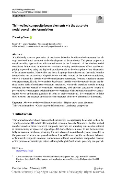 Thin Walled Composite Beam Elements Via The Absolute Nodal Coordinate Formulation