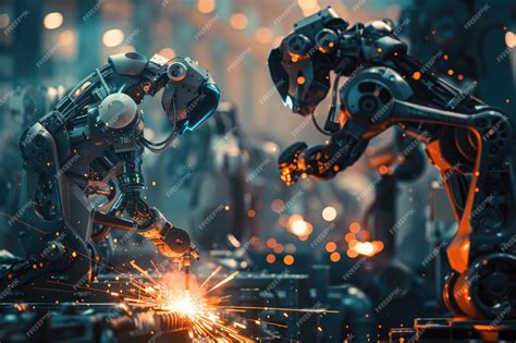 Robots Welding In Steel Factory Showcasing Modern Automation Efficiency Premium Ai Generated Image