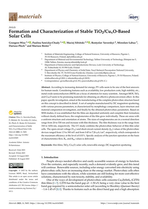 Pdf Formation And Characterization Of Stable Tio2cuxo Based Solar Cells