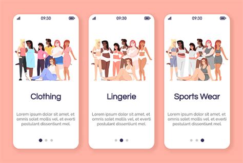 바디 포지티브 온보딩 모바일 앱 화면 벡터 템플릿입니다 의류의 종류 란제리와 스포츠웨어 연습 웹 사이트 단계 평면 문자 Ux Ui Gui 스마트폰 만화 인터페이스 컨셉 3에