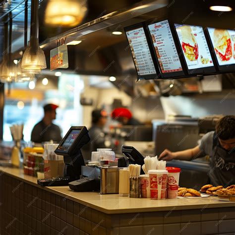 A View Of A Fast Food Restaurant Counter With Employees Preparing