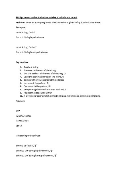 8086 Program To Check Whether A String Is Palindrome Or Not Examples