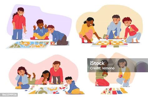 아이들은 바닥에 앉아 즐겁게 보드 게임에 몰두합니다 전략을 세우고 주사위를 굴릴 때 웃음이 울려 퍼집니다 아이에 대한 스톡 벡터 아트 및 기타 이미지 Istock