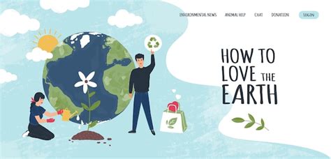 지구 재활용 방문 페이지 웹 사이트 인터페이스 세계 환경 생태 및 쓰레기 재활용 회사 사람들은 자연을 돌보고 나무 심기 및 쓰레기 재사용 벡터 웹 Ui 템플릿 프리미엄 벡터