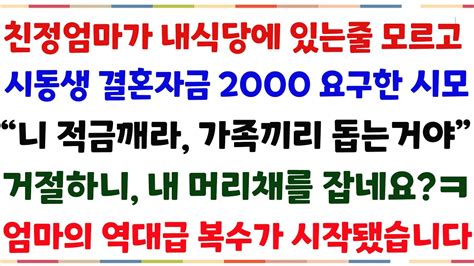 반전신청사연엄마가 내식당에 있는줄 모르고 시동생 결혼자금 2000만원 요구한 시모 니적금깨라 가족끼리 돕는거야 거절했더니 황당한 일이 신청사연 사이다썰 사연