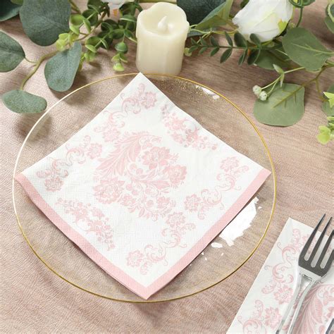 Damask Paper Napkins 5x5 White Pink Efavormart