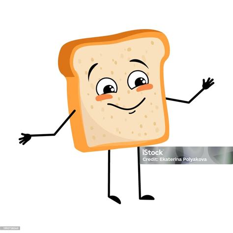 즐거운 감정 행복한 얼굴 미소 팔과 다리가있는 귀여운 빵 캐릭터 베이커리 재미있는 표정과 포즈를 가진 수제 패스트리 벡터 플랫 일러스트 레이 션 건강한 생활방식에 대한 스톡