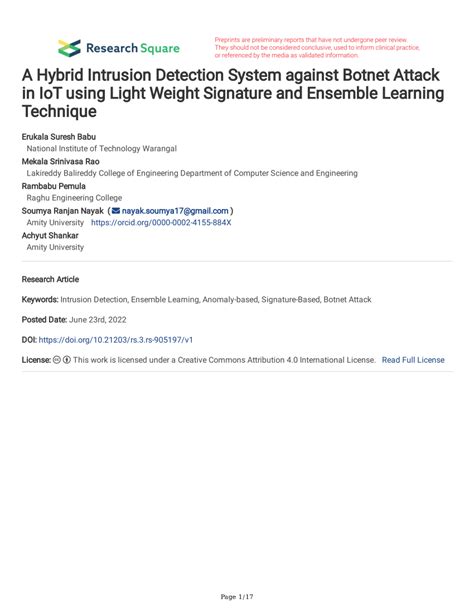 Pdf A Hybrid Intrusion Detection System Against Botnet Attack In Iot Using Light Weight