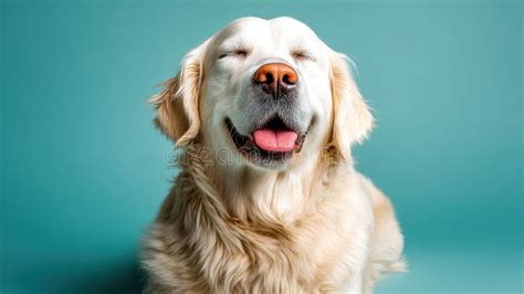 Close Up Of A Smiling Golden Retriever With Closed Eyes And Its Tongue