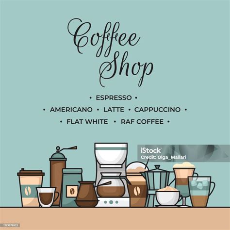커피 배너 컵 과 커피 양조 방법 커피 메이커와 커피 머신 주전자 프렌치 프레스 모카 냄비 세즈브 플랫 스타일 벡터 일러스트레이션 다양에 대한 스톡 벡터 아트 및 기타