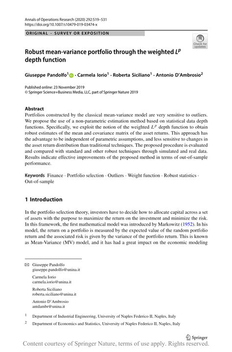 Robust Mean Variance Portfolio Through The Weighted L P Lp Depth Function Request Pdf