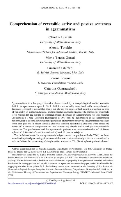 Pdf Comprehension Of Reversible Active And Passive Sentences In