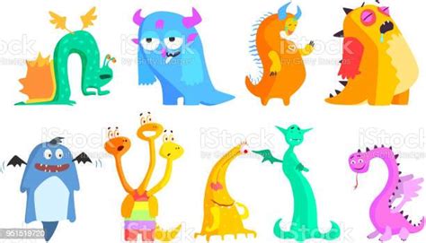 재미 있는 괴물의 화려한 평면 벡터 집합입니다 날개 뿔과 꼬리 만화 환상적인 생물 아이의 책 엽서 또는 스티커에 대 한 그래픽 디자인 귀여운에 대한 스톡 벡터 아트 및 기타