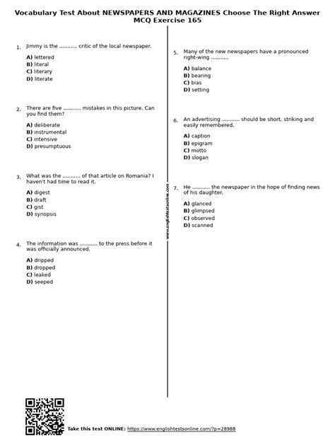 1078 Vocabulary Test About Newspapers And Magazines Choose The Right