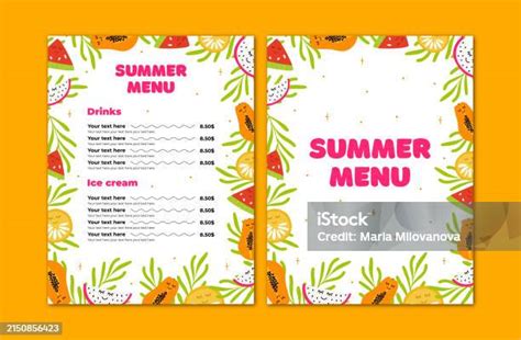오렌지 그린 브로셔 샘플 텍스트와 여름 메뉴 템플릿 손으로 열 대 잎을 그리는 벡터 그림 과일 수박 오렌지 용과 파파야의 그림 공간을 복사합니다 0명에 대한 스톡 벡터 아트
