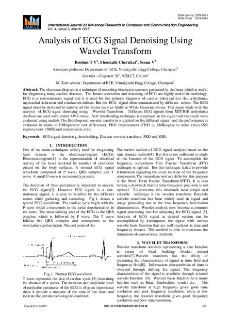 Pdf Analysis Of Ecg Signal Denoising Using Wavelet Transform