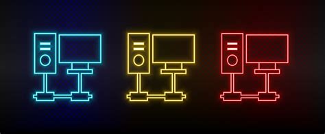 네온 아이콘 데이터베이스 서버 컴퓨터입니다 빨간색 파란색 노란색 네온 벡터 아이콘 세트 가정의 방에 대한 스톡 벡터 아트 및 기타 이미지 Istock