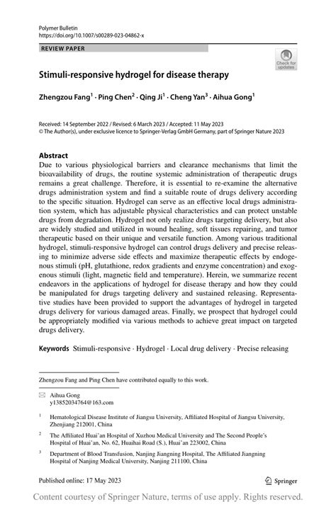 Stimuli Responsive Hydrogel For Disease Therapy Request Pdf