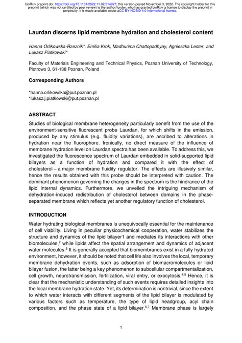 PDF Laurdan Discerns Lipid Membrane Hydration And Cholesterol Content