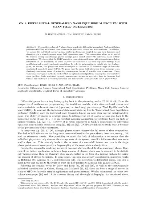 Pdf On A Differential Generalized Nash Equilibrium Problem With Mean