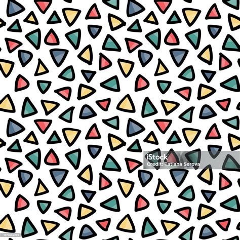 다채로운 삼각형 타일 색종이 매끄러운 패턴 밝은 손으로 그린 낙서 스타일 생일 파티 색종이 배경 불꽃 작업 삼각형 모양 텍스처 추상 미술 벡터 패턴 디자인 경례에 대한 스톡