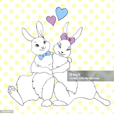 귀여운 포옹 행복 한 토끼 토끼 물방울 무늬의 배경에 토끼 매끄러운 패턴 발렌타인 데이 부활절 색칠 공부 엽서 웹에 대한 윤곽 그림 손으로 그린 윤곽선 공휴일에 대한 스톡