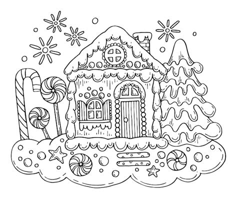 크리스마스 진저 브레드 하우스 벡터 색칠 페이지 휴일 과자 막대 사탕 쿠키 장식 가문비나무와 별 손으로 그린 라인 아트 겨울 그림 해피 홀리데이 프리미엄 벡터
