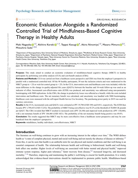 Pdf Economic Evaluation Alongside A Randomized Controlled Trial Of Mindfulness Based Cognitive