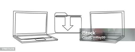 파일 전송 화면에 폴더가 있는 두 대의 노트북과 전송된 문서의 연속 선 그리기 파일 복사 데이터 교환 백업 Pc 마이그레이션 파일 공유 개념 0명에 대한 스톡 벡터 아트 및