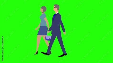 Animation With Man And Women Character Walking Side View Seamless Loop On Green Screen Chroma