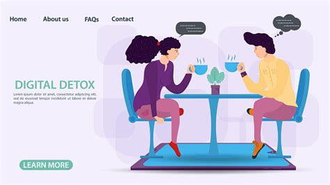 웹 및 모바일 사이트에 대한 디지털 해독 배너 개념 남자와 소녀는 의자 플랫 벡터 일러스트에 테이블에 차 한 잔과 서로 반대 앉아 Brand Name Online