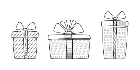 생일 크리스마스 새해 선물 상자 선물 휴일 포장 재미 선물 상자의 집합입니다 흰색 배경에서 격리된 등고선 벡터 이미지입니다 색칠하기 책 페이지 개체 그룹에 대한 스톡 벡터
