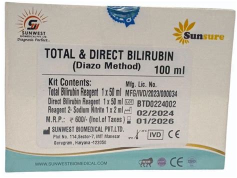 Sunsure Bilirubin Total And Direct Diazo Method Biochemistry Reagent At Rs 190 Kit Imt Manesar