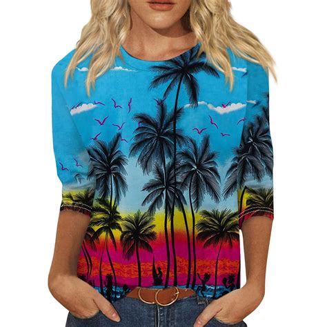 Uocefik Tropical Print Plus Size 34 Sleeve Tops For Women Slim Fit