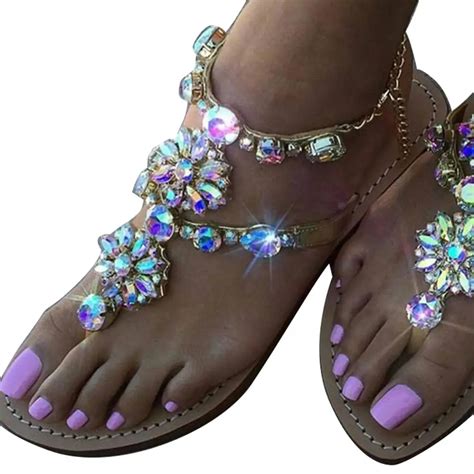 Women Summer Flat Sandals Bohemia Beach Gladiator Rhinestone Sandals Soft Gold In Womens