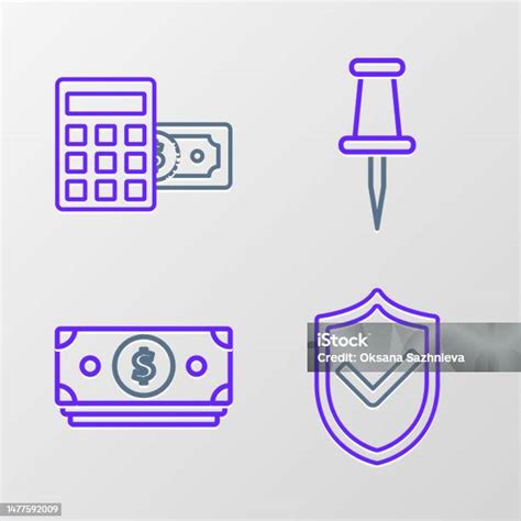 체크 표시가있는 라인 방패 지폐 현금 푸시 핀 및 계산기 달러 기호 아이콘을 설정합니다 벡터 0명에 대한 스톡 벡터 아트 및 기타 이미지 Istock