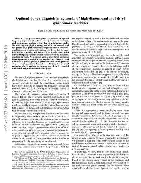 Pdf Optimal Power Dispatch In Networks Of High Dimensional Models Of Synchronous Machines