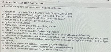 received a warning system io ioexception there is not enough space on the disk