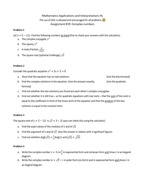 Assignment 19 Complex Numbers Pdf