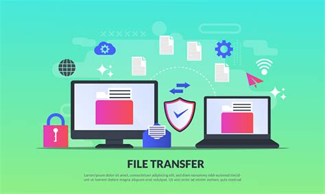 파일 전송 개념 화면 및 전송 된 문서 백업 파일 플랫 아이콘 웹 방문 페이지 배너 벡터 템플릿에 적합한 장치 간에 파일 공유