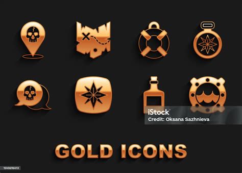 바람 장미 나침반 바다 풍경이 있는 선박 현창 알코올 음료 럼 해골 구명 부표 위치 해적 및 해적 보물 지도 아이콘을 설정합니다 벡터 가공의 인물에 대한 스톡 벡터 아트 및