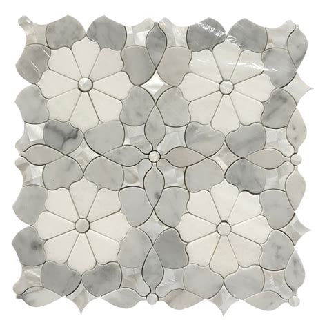 Daisy Dahlia Waterjet Mosaic Thassos Carrara And Mother Of Pearl All Marble Tiles
