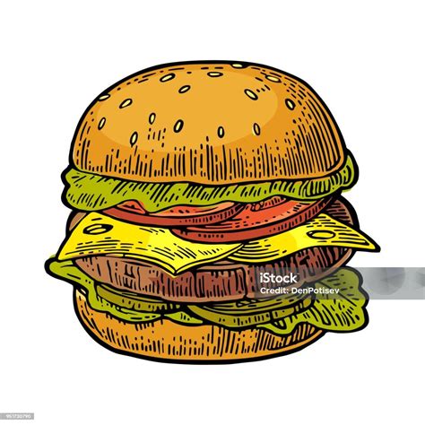 햄버거는 돈 까 스 토마토 치즈 오이 샐러드 흰색 배경에 고립 고기에 대한 스톡 벡터 아트 및 기타 이미지 고기 검은색 굽기 Istock