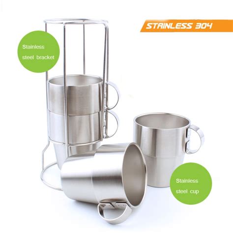 4 In 1 304 스테인레스 스틸 커피 컵 세트 더블 워터 컵 야외 캠핑 식기 사각 핸들