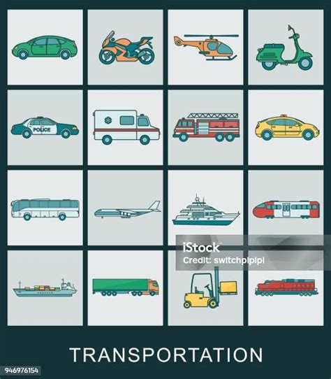 교통 아이콘 설정합니다 도시 자동차와 차량 수송입니다 자동차 선박 비행기 기차 오토바이 헬기 개요 아이콘입니다 벡터 Brand Name Domestic Car에 대한 스톡