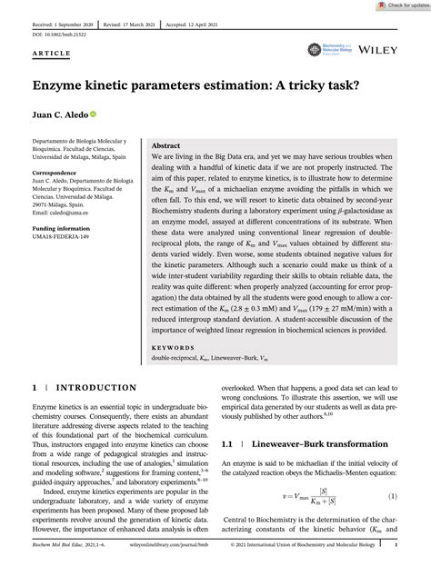 Pdf Enzyme Kinetic Parameters Estimation A Tricky Task