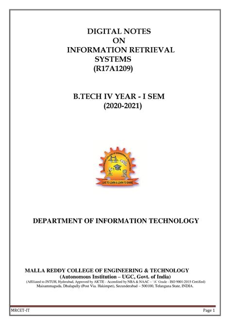 R17a1209 Information Retrieval Systems Digital Notes On Information